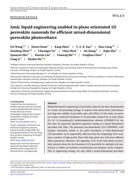 Pdf Ionic Liquid Engineering Enabled In‐plane Orientated 1d