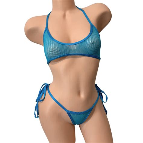 Fishnet Sheer See Through 2 Piece Bikini Lingerie Set Keyhole Halter