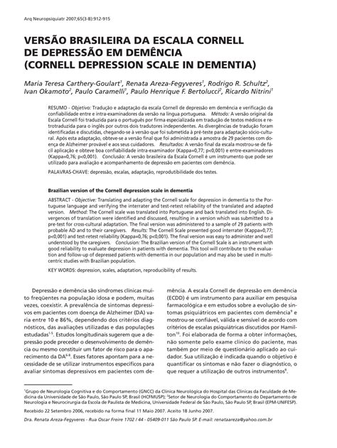 Pdf Brazilian Version Of The Cornell Depression Scale In Dementia