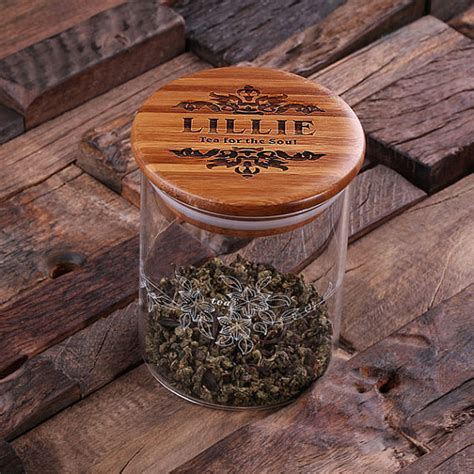 Personalized Glass Tea Container And Air Tight Natural Wood Lid Teals