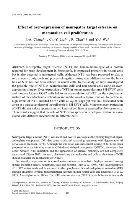 Pdf Effect Of Over‐expression Of Neuropathy Target Esterase On Mammalian Cell Proliferation