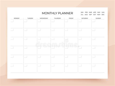 Monthly Planner Simple Timetable Template Vector Illustration Stock