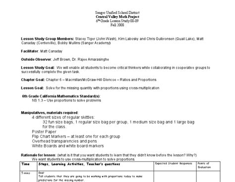 Using Proportions To Solve Problems Lesson Plan For 6th Grade Lesson