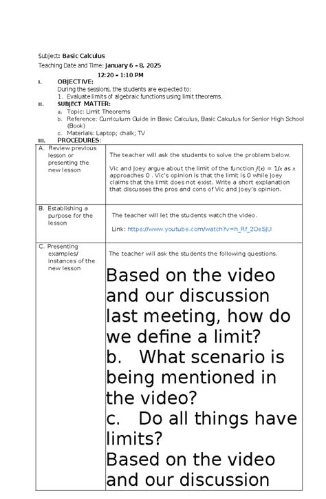 lesson plan limit theorems subject basic calculus teaching date