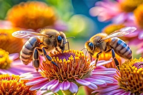 A Closeup Of Bees Pollinating Flowers In A Garden Premium Ai