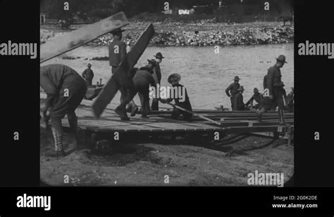 102nd Engineer Battalion Builds Pontoon Bridge At Riverbank 1918