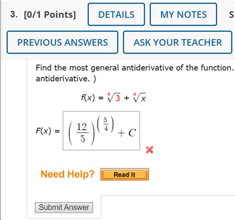 Solved Find The Most General Antiderivative Of The