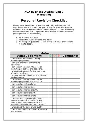 As Business Aqa Units 1 6 Revision Checklists With Rag Teaching