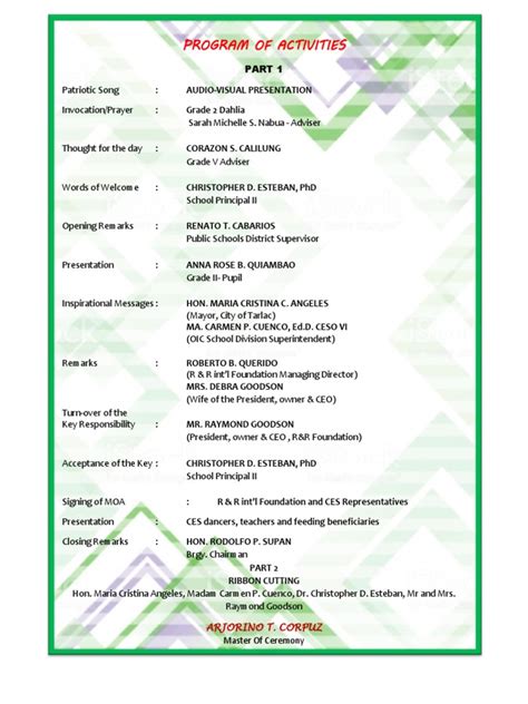 Program Of Activities For The Turn Over Ceremony And Ribbon Cutting Of