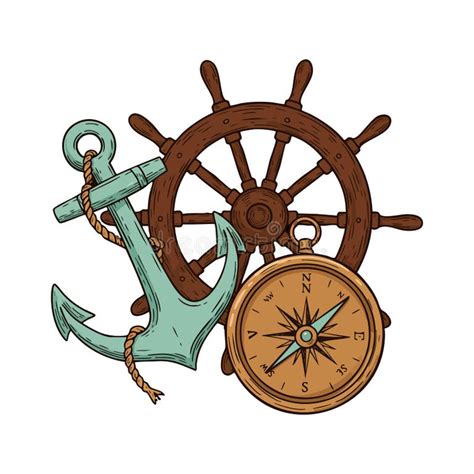 Nautical Anchor Compass And Ship Wheel Set For Marine Navigation And