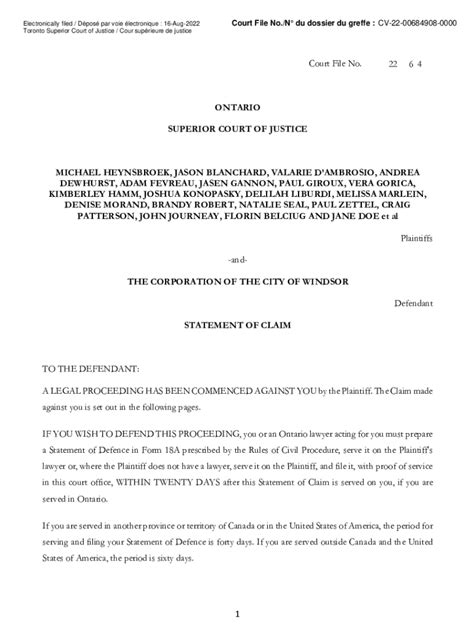 Fillable Online Statement Of Claim To The Defendants Fax Email Print
