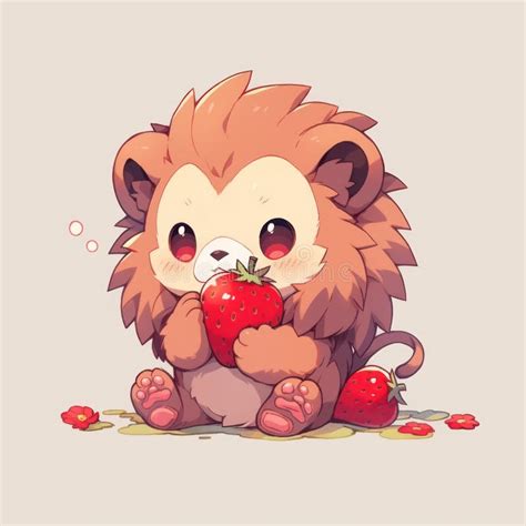 Lion Eat Strawberry Chibi Cartoon Style Isolated Plain Background By Ai
