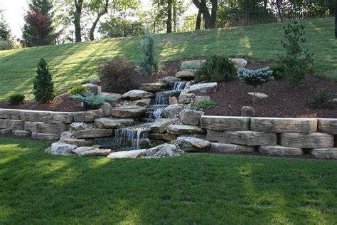 Small Waterfall In Grassy Area Water Feature Sloped Yard Water