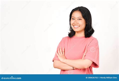 Smiling Folding Arms And Looking At Camera Of Beautiful Asian Woman Isolated On White Background