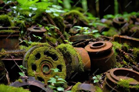 Premium Ai Image A Pile Of Rusted Metal Objects With Moss