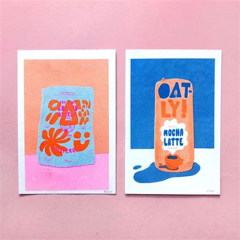 Mini Limited Edition Riso Print Set 12x8cm 4 7x3 15in Vegan Food Art Plant Based Packaging