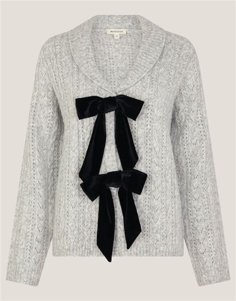 Bria Bow Cable Knit Cardigan Grey Cardigans Monsoon Uk