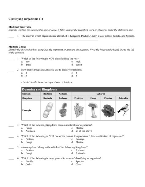 Classifying Organisms Worksheet Taxonomy And Kingdoms