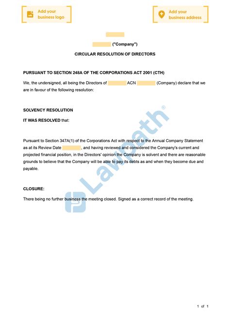 Solvency Resolution Free Template Lawpath