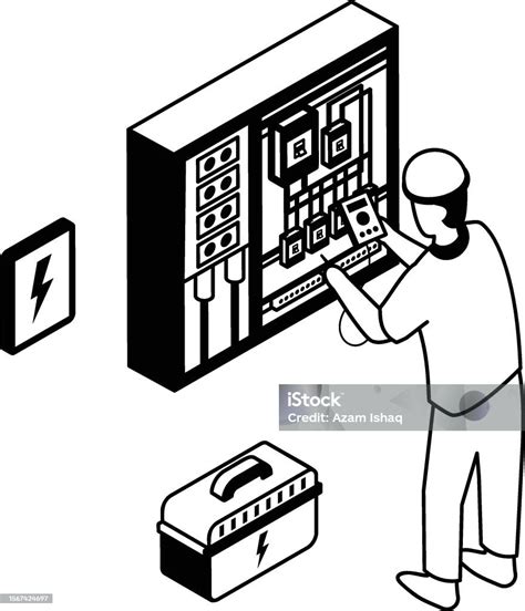 스위치 박스의 회로 차단기 작업을 하는 사람 아이소메트릭 개념 안전 스위치 문제 벡터 아이콘 디자인 전기 엔지니어 기호 배선 전문가 기호 유지 보수 기술자 도구 재고 개폐