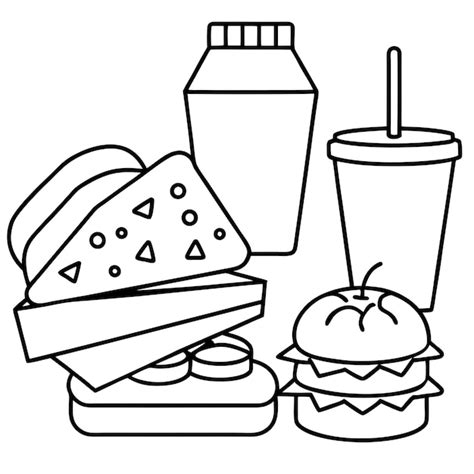 Lunch Items Outline Coloring Book Page Line Art Drawing Premium Ai