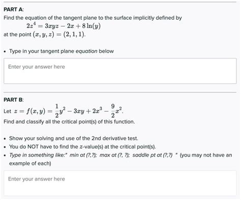 solved part a find the equation of the tangent plane to the