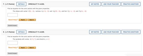 solved find an equation for the conic section with the given