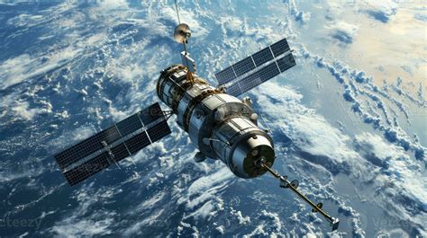 Ai Generated Space Satellite With Antenna And Solar Panels In Space Against The Background Of