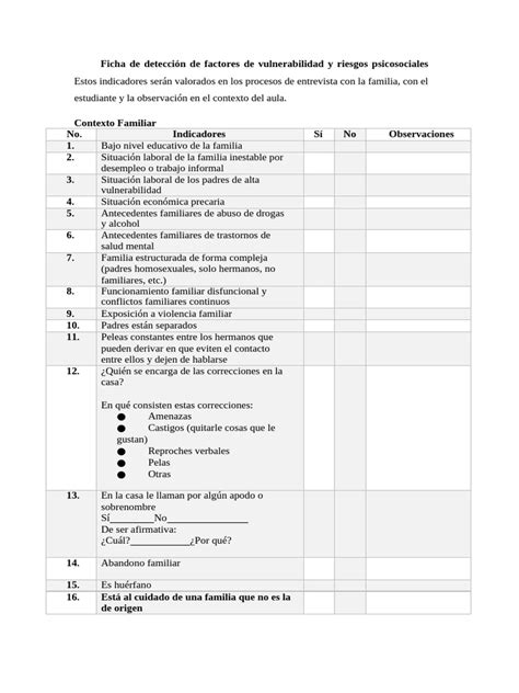 Modelo Ficha de Detecci-N de Factores de Vulnerabilidad y Riesgos Psicosociales | PDF