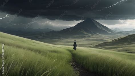 Windy Grassland Under A Stormy Sky A Dramatic Anime Landscape With