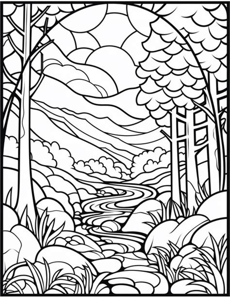 Premium Photo A Stained Glass Window With A River And Trees In The