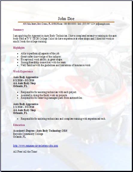 Auto Body Technician Resume Examples Samples Free Edit With Word
