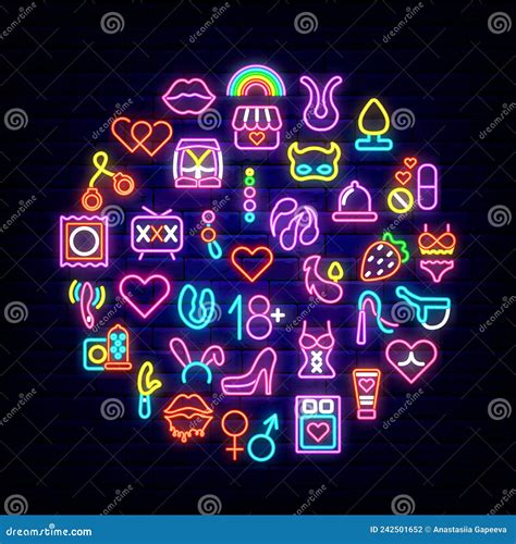 Sex Shop Neon Round Layout Shiny Icons Collection Circle Template