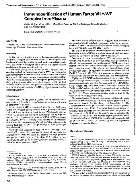 Pdf Immunopurification Of Human Factor Viii Vwf Complex From Plasma