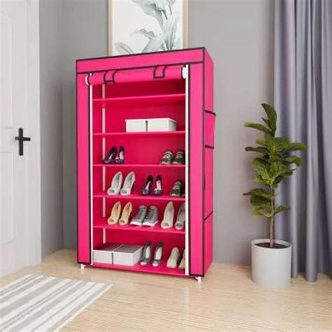 Decent Hut Non Woven With Iron Frame Pink 6 Layer Foldable Shoe Rack