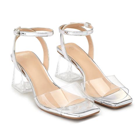 Lucklilac Womens Clear Heels Open Square Toe Chunky Heel One Strap