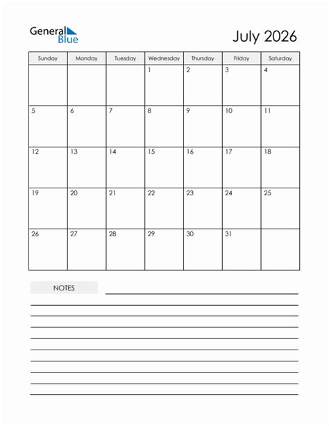 Printable July 2026 Calendar