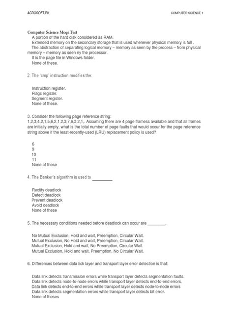 Computer Science Mcqs Test Pdf Floppy Disk Random Access Memory