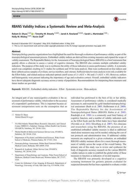 Rbans Validity Indices A Systematic Review And Meta Analysis Request Pdf