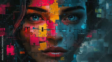 Abstract Depiction Of A Womans Face Interlocked With Puzzle Pieces