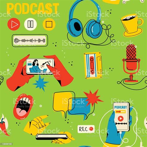 팟캐스트 원활한 패턴 블로깅 브이로깅 및 라이브 스트리밍을 위한 배경 팟캐스트 요소 헤드폰 말풍선 마이크가 있는 손으로 그린 인쇄물 라이브 스트리밍에 대한 스톡 벡터 아트