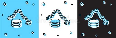 Set Dollar Rate Decrease Icon Isolated On Blue And White Black