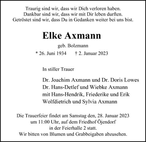 Traueranzeigen Von Elke Axmann Hamburgertrauerde