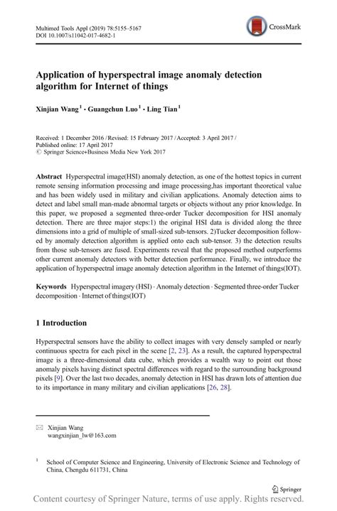 Application Of Hyperspectral Image Anomaly Detection Algorithm For Internet Of Things Request Pdf