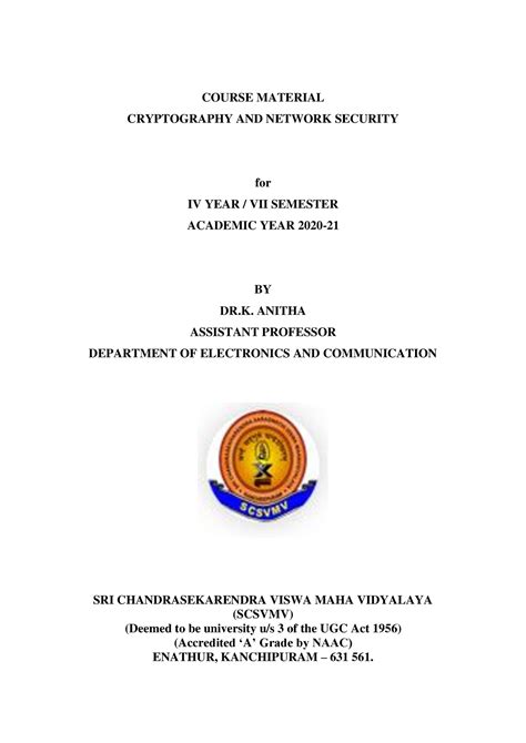 Cryptography Network Security Dr K Anitha COURSE MATERIAL CRYPTOGRAPHY AND NETWORK SECURITY