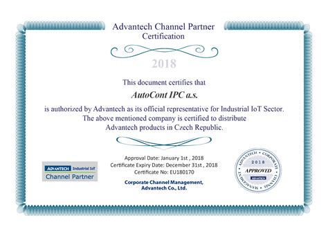 Advantech Channel Partner certifikát AutoCont IPC a s
