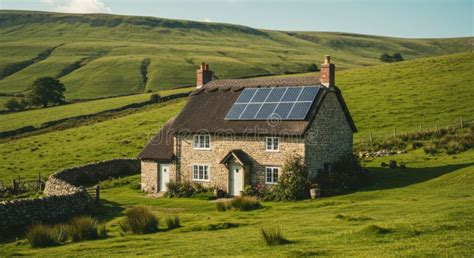 A Traditional Stone Cottage With Solar Panels Sits In A Green Rural Landscape Stock Illustration