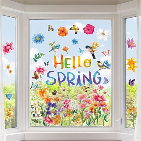 9 Sheet Hello Spring Window Stickers Decorations Spring