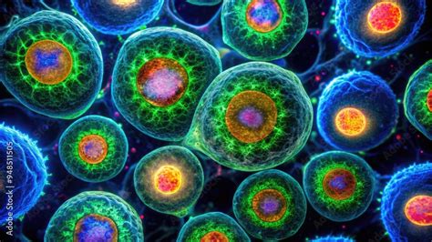 Microscopy Image Of Fluorescently Stained Cells Undergoing Mitosis