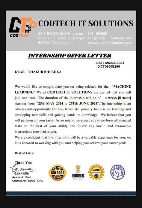Thakur Bhumika On Linkedin Machine Learning Intern At Codtech It